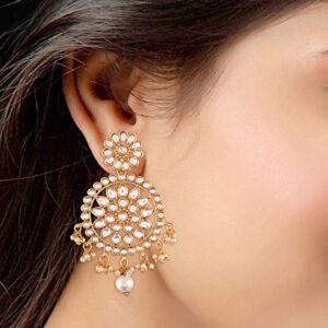 Aheli Ethnic Faux Kundan Drop Pearl Beads Dangle Earrings Maang Tikka Set Bollyood Wedding Party Fashion Jewelry for Women & Girls (White Drop Pearls)