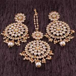 Aheli Ethnic Faux Kundan Drop Pearl Beads Dangle Earrings Maang Tikka Set Bollyood Wedding Party Fashion Jewelry for Women & Girls (White Drop Pearls)