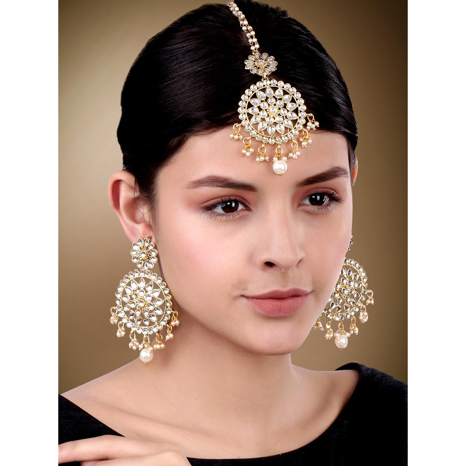 Aheli Ethnic Faux Kundan Drop Pearl Beads Dangle Earrings Maang Tikka Set Bollyood Wedding Party Fashion Jewelry for Women & Girls (White Drop Pearls)