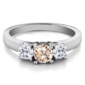 Gem Stone King 925 Sterling Silver Peach Morganite and White Topaz Ring For Women (1.06 Ct Round, Available in size 5, 6, 7, 8, 9)