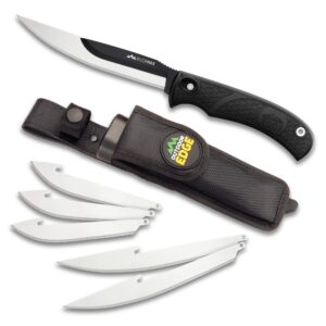 outdoor edge razormax - replaceable fixed blade hunting knife with 3.5" drop-point, 5" boning/fillet blades, belt sheath and detachable blade carrier (black, 6 blades)