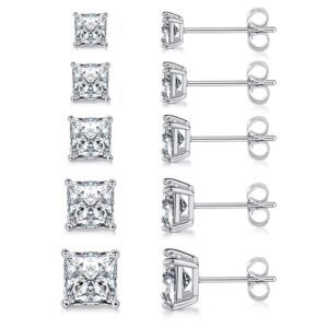 mdfun 18k white gold plated princess cut square clear cubic zirconia stud earring pack of 5 pairs