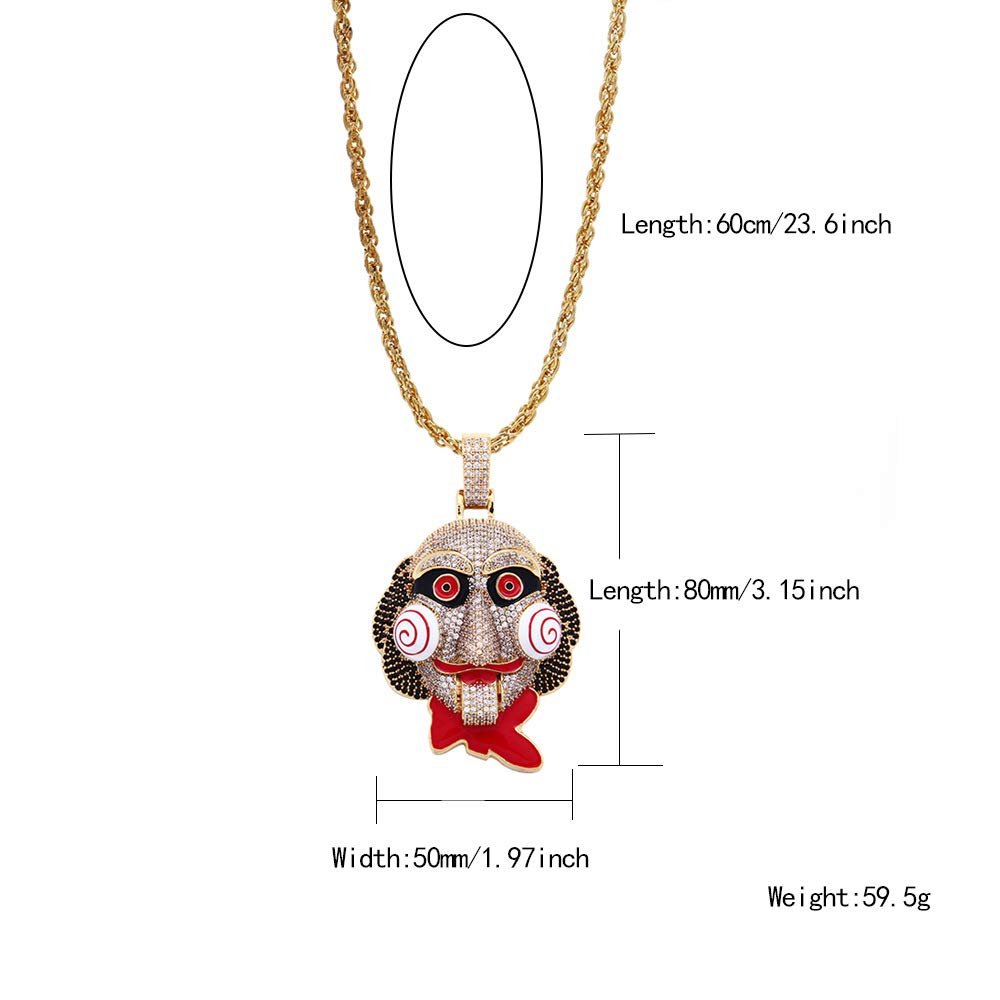 KMASAL Hip Hop Iced Out Bling Chain Clown 69 Pendant Halloween Cosplay Horrifying Inspired Necklace with 24" Rope Chain (Gold)