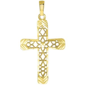 jewelry america 14k yellow gold textured filigree 3d latin cross pendant (medium)