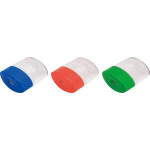 Pencil Sharpener, Oval Shaped Manual Sharpener with Removable Lid, Compact size for pencil case and work-station - Blue, Green, Red, 3-Pack