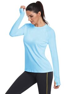 hiskywin women's upf 50+ sun protection long sleeve shirts outdoor hiking fishing tops hf103- blue-m