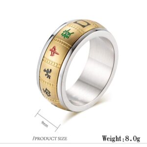 HIJONES Unisex Stainless Steel 9mm Wide Creative Mahjong Novelty Rotating Ring Good Luck Band for Men Women Gold Plated Size 7