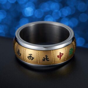 HIJONES Unisex Stainless Steel 9mm Wide Creative Mahjong Novelty Rotating Ring Good Luck Band for Men Women Gold Plated Size 7