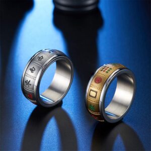 HIJONES Unisex Stainless Steel 9mm Wide Creative Mahjong Novelty Rotating Ring Good Luck Band for Men Women Gold Plated Size 7