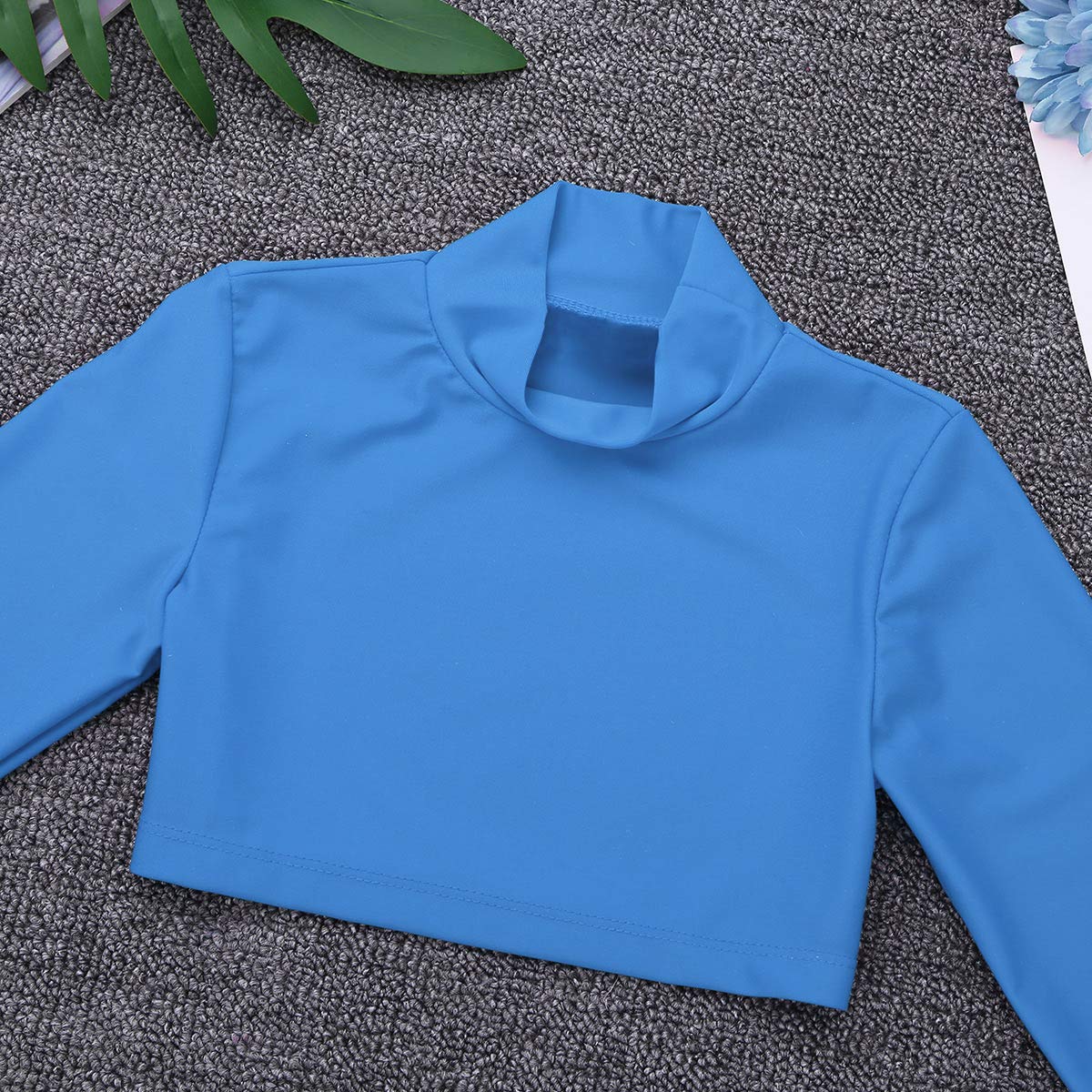 ranrann Kids Girls Long Sleeves Athletic Crop Top Mock Neck Yoga Active Sports Gymnastic Ballet Dance Dancewear Light_Blue 10