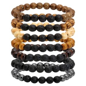 Milakoo 7Pcs Lava Rock Stone Beads Essential Oil Diffuser Bracelet for Men Women Wood Beads Bracelet