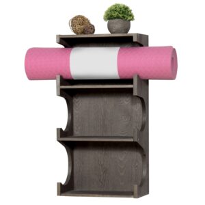 mygift wall mounted vintage gray wood 3-tier foam roller, yoga mat hanging rack with top display shelf