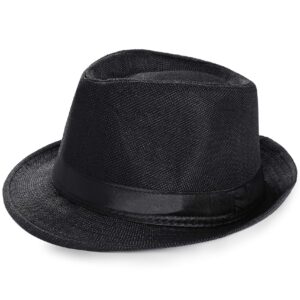 BABEYOND Straw Fedora Hat for Men Panama Trilby Hat Short Brim Summer Sun Hat A-Black