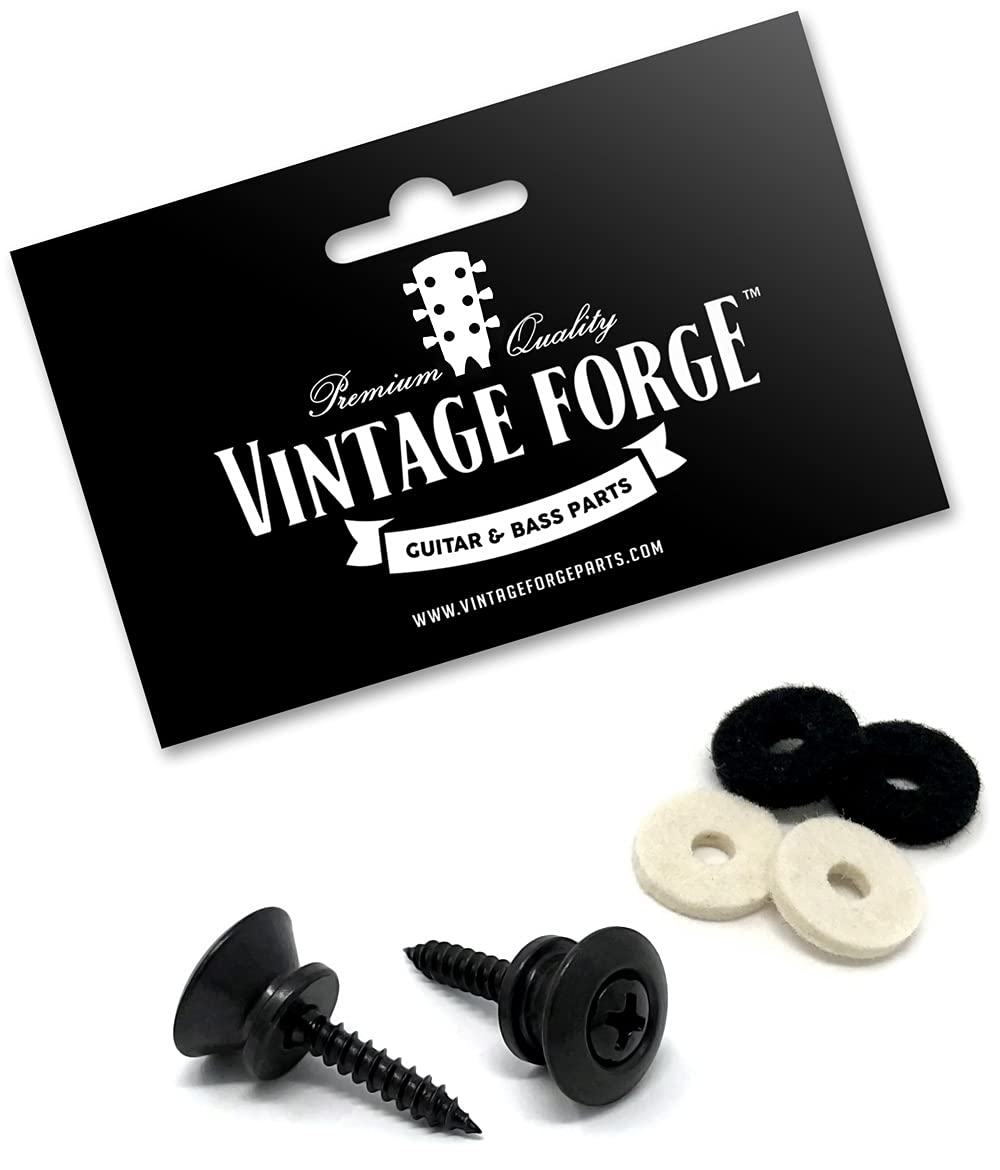 Vintage Forge Guitar Strap Buttons Black Modern Style Universal Fit for Acoustic and Electric Guitar and Bass (2) with Screws and Felt Washers SB80-BLK