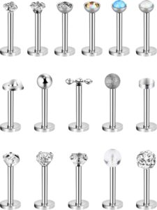 chuangdi 16 pieces 16 g labret nose studs piercing lips stainless steel tragus nose assorted design piercing jewelry for women (silver)