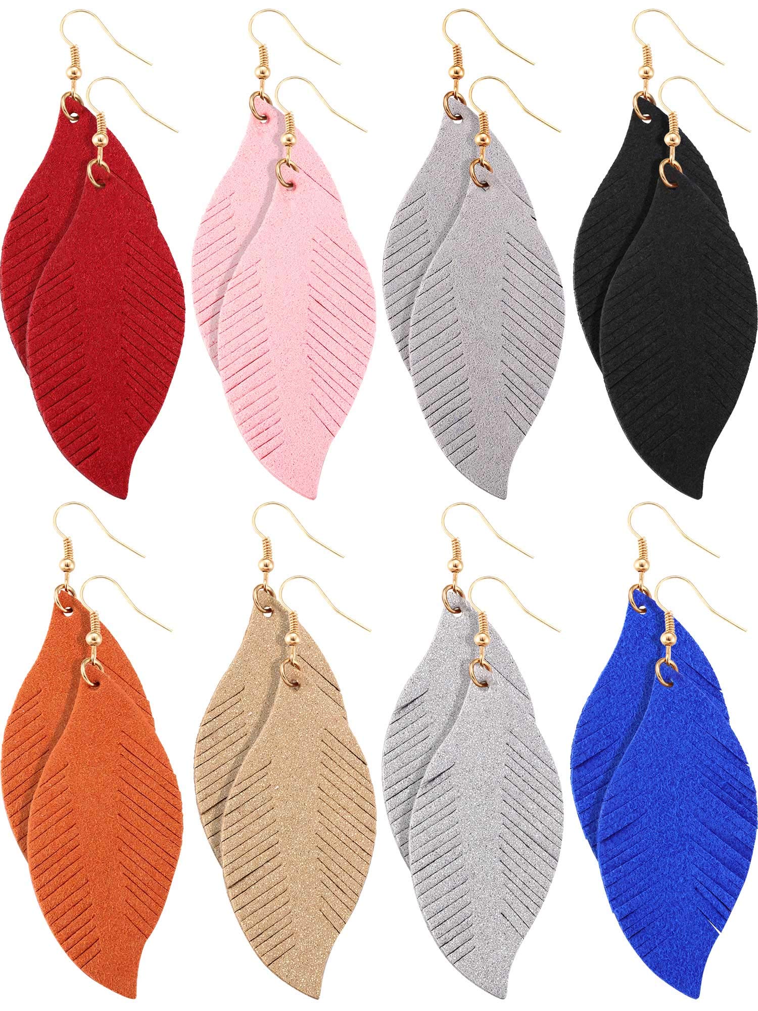 Jovitec 8 Pairs Leather Feather Earrings Teardrop Earrings Leather Lightweight Leaf Earrings for Women Girls Soft Suede Bohemian Feather Shape Earrings Tassel Dangles Fringe Wing, 8 Colors