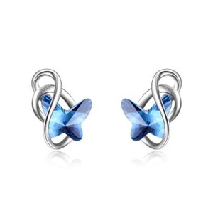 aoboco sterling silver infinity butterfly earrings, crystal from austria, hypoallergenic stud earrings, anniversary birthday butterfly jewelry gifts for women(blue)