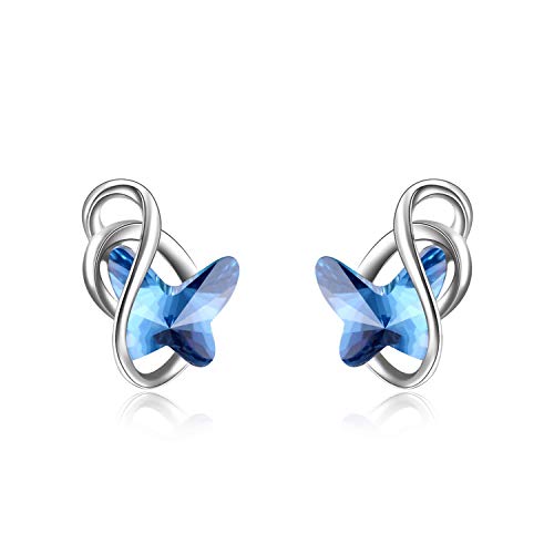 AOBOCO Sterling Silver Infinity Butterfly Earrings, Crystal from Austria, Hypoallergenic Stud Earrings, Anniversary Birthday Butterfly Jewelry Gifts for Women(Blue)