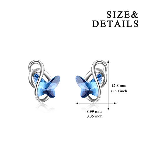 AOBOCO Sterling Silver Infinity Butterfly Earrings, Crystal from Austria, Hypoallergenic Stud Earrings, Anniversary Birthday Butterfly Jewelry Gifts for Women(Blue)