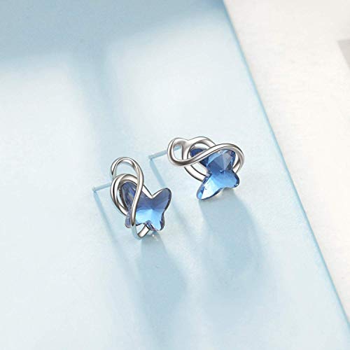 AOBOCO Sterling Silver Infinity Butterfly Earrings, Crystal from Austria, Hypoallergenic Stud Earrings, Anniversary Birthday Butterfly Jewelry Gifts for Women(Blue)