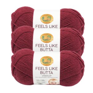 lion brand yarn feels like butta, cranberry, 3 pack