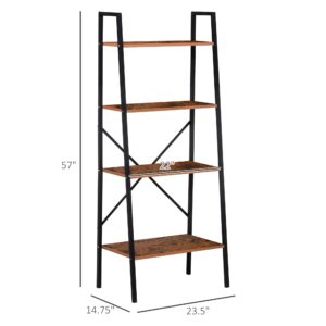 HOMCOM Industrial 4 Tier Ladder Shelf Bookshelf Vintage Storage Rack Plant Stand with Wood Metal Frame for Living Room Bathroom, Distressed Brown