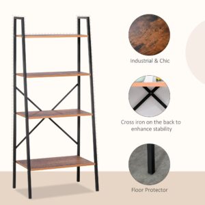 HOMCOM Industrial 4 Tier Ladder Shelf Bookshelf Vintage Storage Rack Plant Stand with Wood Metal Frame for Living Room Bathroom, Distressed Brown