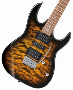 ibanez grx 6 string solid-body electric guitar, right, sunburst, full (grx70qasb)