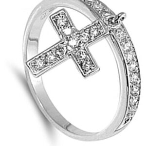 Sterling Silver Women's Clear CZ Dangle Cross Ring Cute Band 12mm Size 10