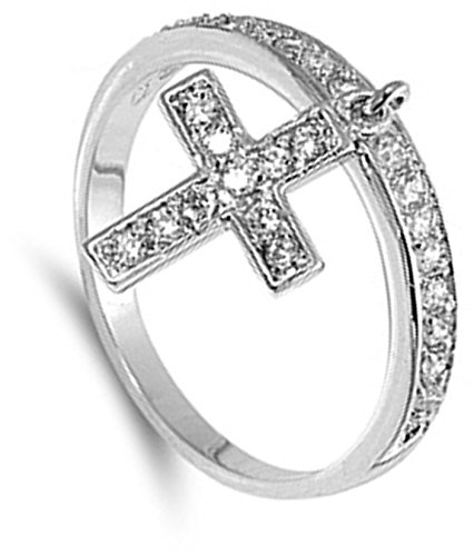 Sterling Silver Women's Clear CZ Dangle Cross Ring Cute Band 12mm Size 10