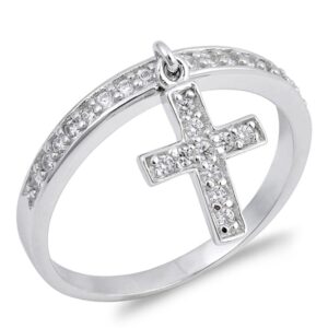 sterling silver women's clear cz dangle cross ring cute band 12mm size 10