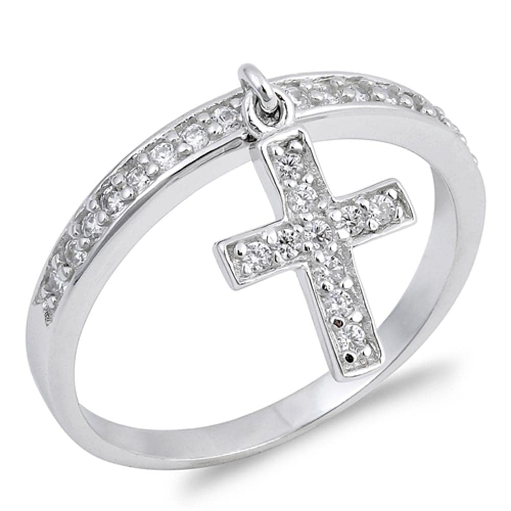 Sterling Silver Women's Clear CZ Dangle Cross Ring Cute Band 12mm Size 10