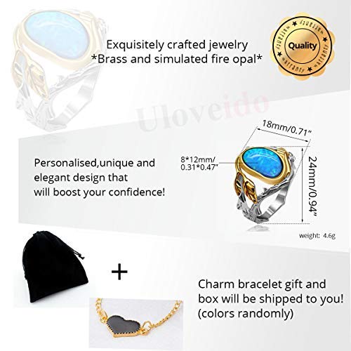 Uloveido Atique Craft Oval Cut Blue Fire Opal Ring 2 Tones Split Shank Leaf Tree Ring for Women Mom (Size 9) RA503