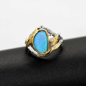 Uloveido Atique Craft Oval Cut Blue Fire Opal Ring 2 Tones Split Shank Leaf Tree Ring for Women Mom (Size 9) RA503