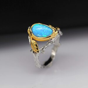 Uloveido Atique Craft Oval Cut Blue Fire Opal Ring 2 Tones Split Shank Leaf Tree Ring for Women Mom (Size 9) RA503