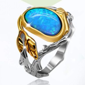 Uloveido Atique Craft Oval Cut Blue Fire Opal Ring 2 Tones Split Shank Leaf Tree Ring for Women Mom (Size 9) RA503