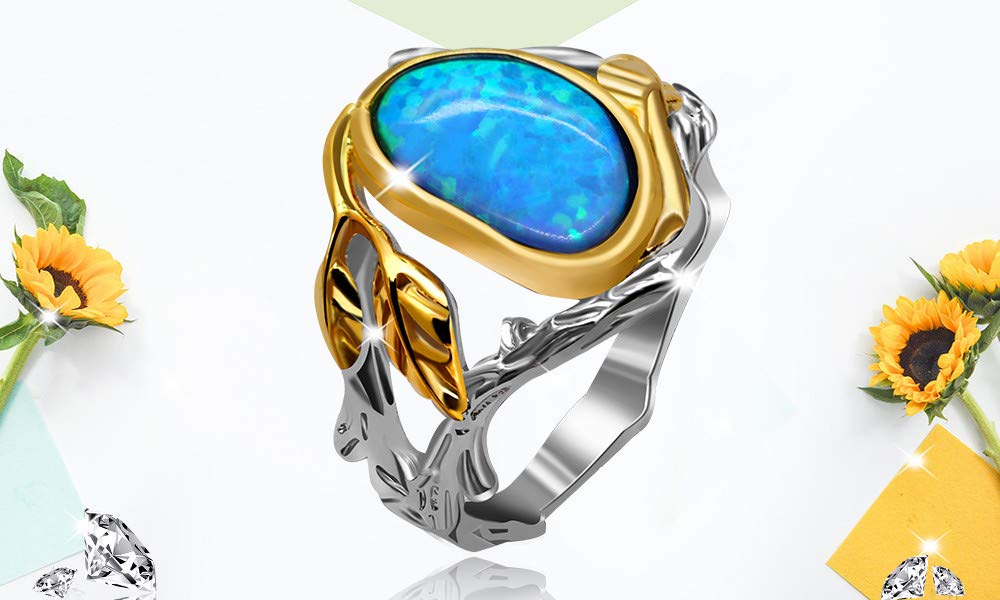 Uloveido Atique Craft Oval Cut Blue Fire Opal Ring 2 Tones Split Shank Leaf Tree Ring for Women Mom (Size 9) RA503