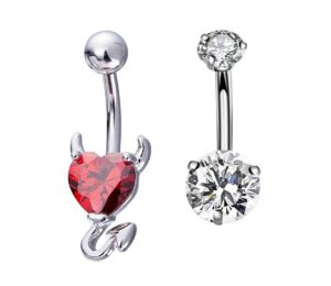 yhmm devil heart belly button rings 14g surgical steel navel barbells stud for body piercing (2 pcs devil red+round clear)