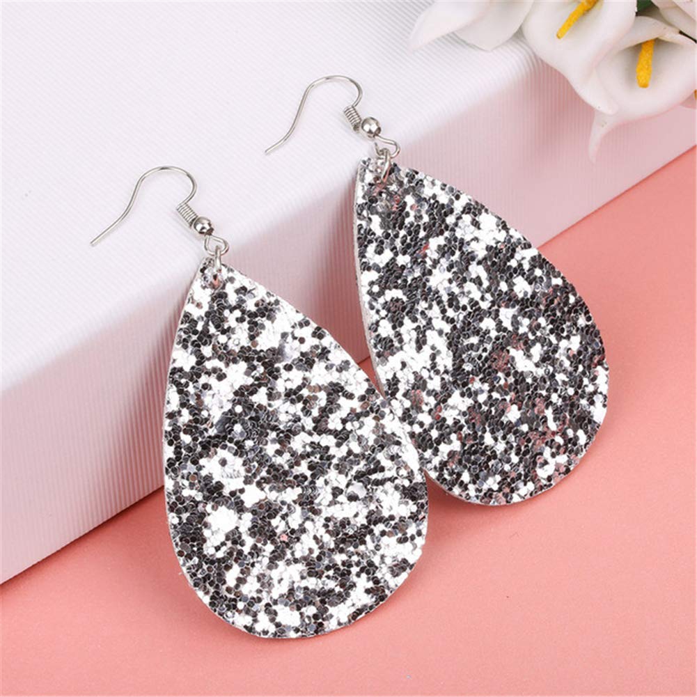 GIMEFIVE 4 Pairs Leather Teardrop Glitter Sequins Earring Lightweight Leaf Drop Bohemian Hollow Earrings For Women (Red+Gold+Silver+White)