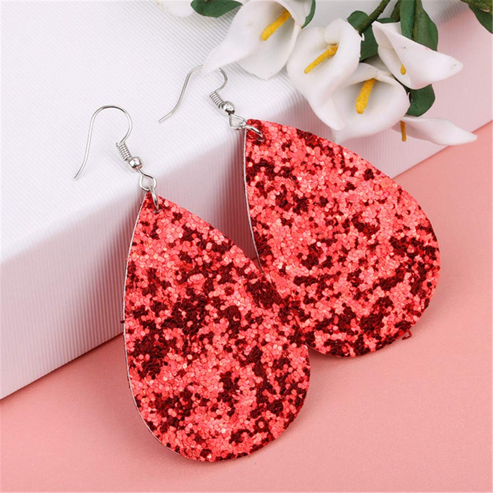 GIMEFIVE 4 Pairs Leather Teardrop Glitter Sequins Earring Lightweight Leaf Drop Bohemian Hollow Earrings For Women (Red+Gold+Silver+White)