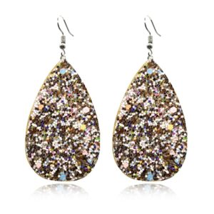 GIMEFIVE 4 Pairs Leather Teardrop Glitter Sequins Earring Lightweight Leaf Drop Bohemian Hollow Earrings For Women (Red+Gold+Silver+White)