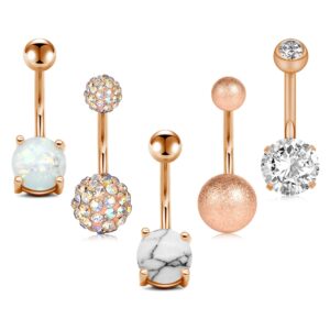 jforyou 5 pcs belly button rings stainless steel for women navel rings 5 style 14g navel piercing rose gold color body piercing jewelry