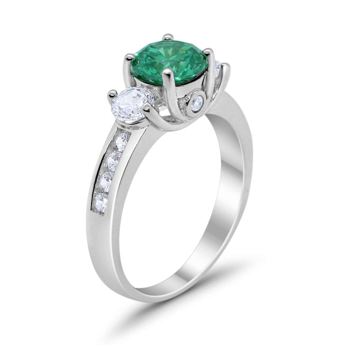 Blue Apple Co. Three Stone 3-Stone Wedding Engagement Ring Simulated Emerald Round Cubic Zirconia Solid 925 Sterling Silver, Size-7