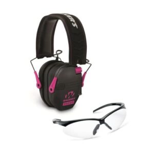 walkers razor slim electronic hearing protection muffs with sound amplification and suppression and shooting glasses kit, black/pink