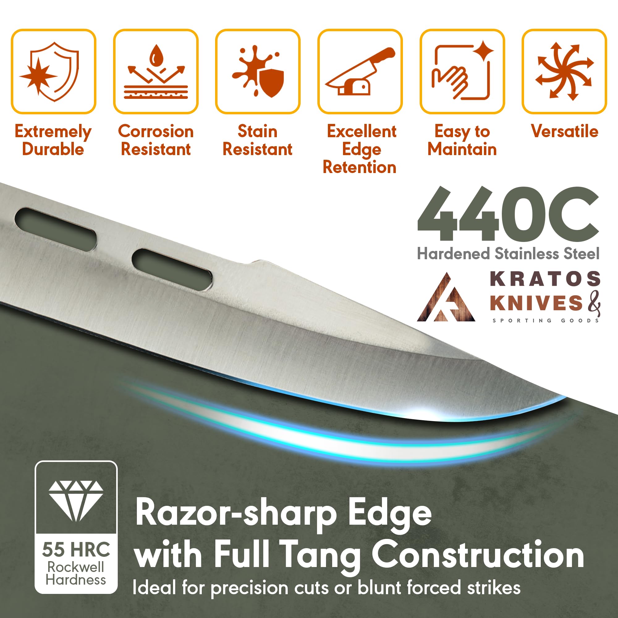 Full Tang Bushcraft Knife, 12" Full Tang Survival Knife Fixed Blade, Camp Knife 440C Stainless Steel Camping Knife with Sheath By Kratos - ZF4