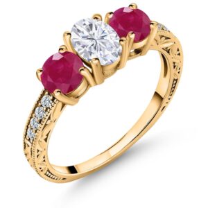 18k yellow gold plated silver 3-stone ring forever brilliant oval 2.12cttw moissanite by charles & colvard and ruby (size 6)