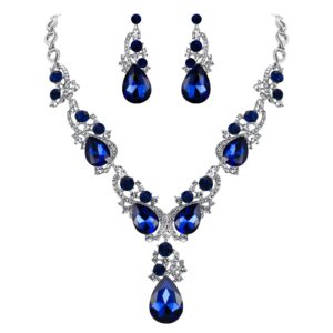 brilove wedding bridal necklace earrings jewelry set for women multi teardrop cluster crystal statement necklace dangle earrings set navy blue sapphire color silver-tone.