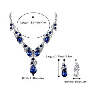 BriLove Wedding Bridal Necklace Earrings Jewelry Set for Women Multi Teardrop Cluster Crystal Statement Necklace Dangle Earrings Set Navy Blue Sapphire Color Silver-Tone.