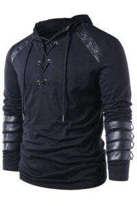 iivos men's knight drawstring lace up pullover hoodie steampunk long sleeve hooded sweatshirt black