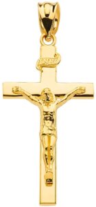 10k yellow gold catholic linear cross inri crucifix pendant charm - 1.18" (s)